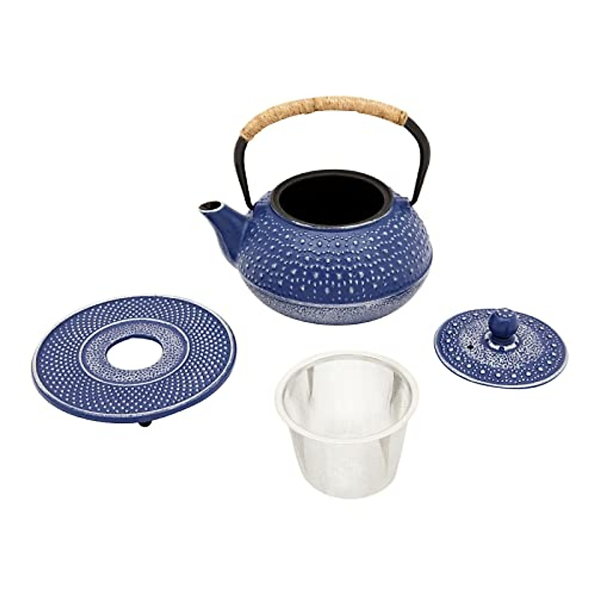 3 Piece Set Blue Japanese Cast Iron Teapot, Loose Leaf Tetsubin with Handle, Stainless Steel Infuser, and Trivet (27 oz, 800 ml)