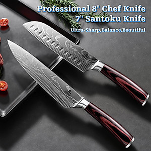 ENOKING 6-Piece Knife Sets with Acacia Wood Knife Holder Double-Sided Magnetic, Kitchen Knives German High Carbon Stainless Steel Cutlery Set, Chef Knife, Bread Knife, Santoku Knife