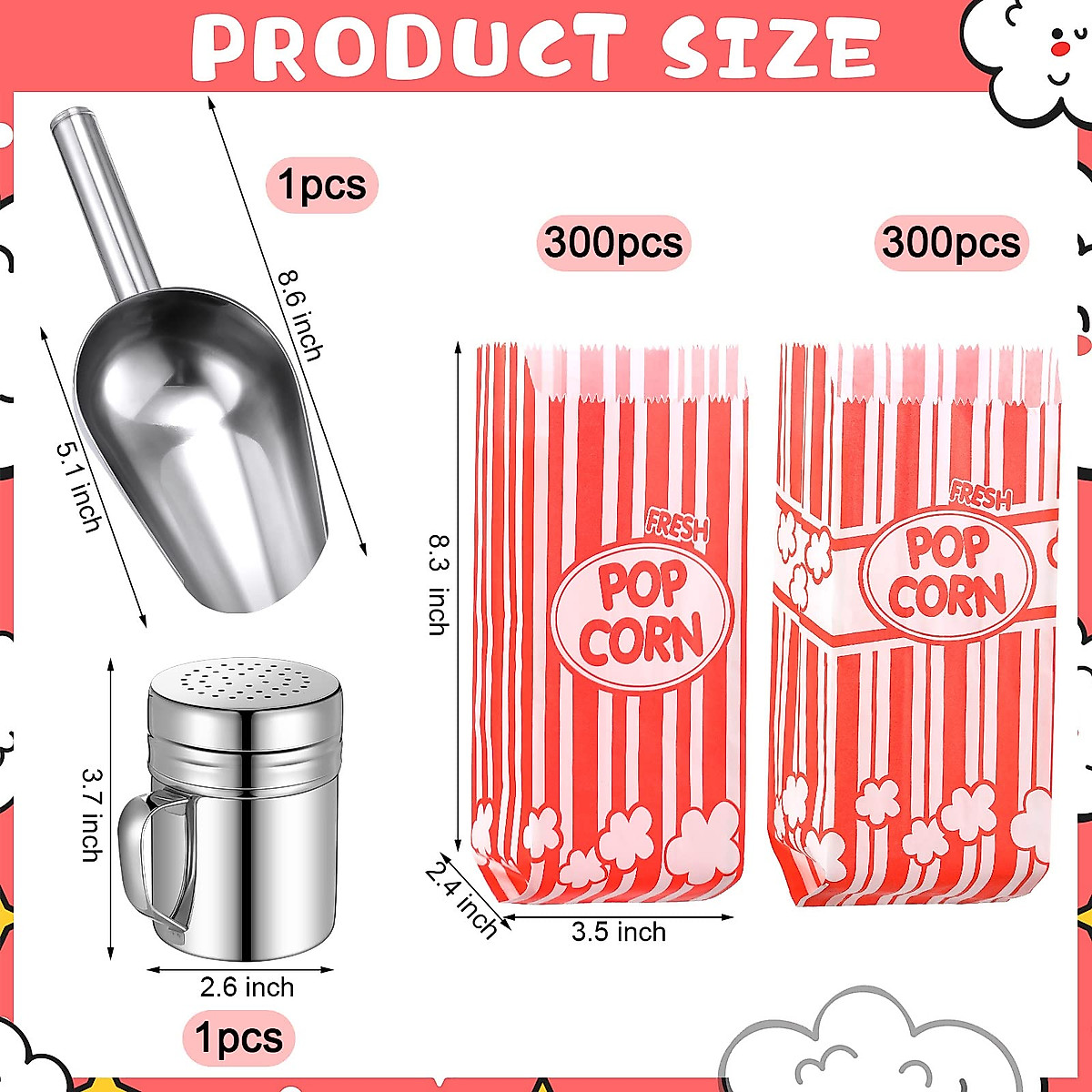 602 Pcs Popcorn Maker Supplies Set Include 600 Pcs 1oz Paper Popcorn Bags, Stainless Steel Popcorn Scoop and Dredge Bundle with Lid for Movie Night Theater Retro Carnival Birthday Party Supplies