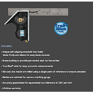 Empire Level E255 6-Inch Pocket Combination Square With Etched Stainless Steel Blade, Graduations and True Blue Vial