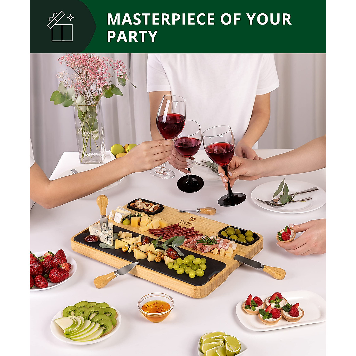 ROYAL CRAFT WOOD Extra Large Bamboo Cheese Board and Knife Set - With Slate Plate and Sauce Bowls