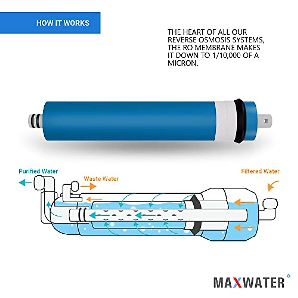 Max Water 50 GPD Membrane Reverse Osmosis Water Filter Replacement Universal RO Drinking Water System Fits Under Sink (1 pack)