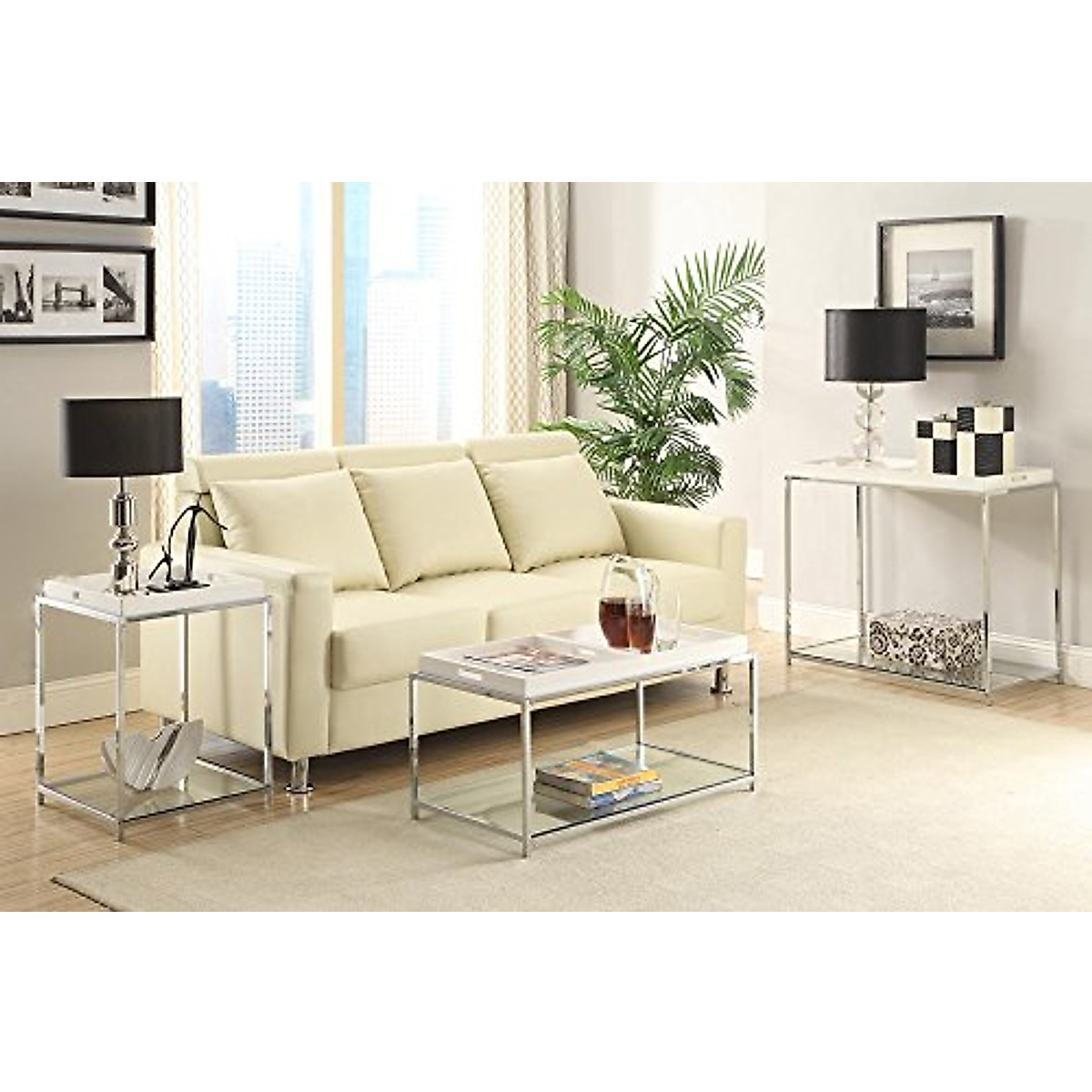 Convenience Concepts Palm Beach Coffee Table with Shelf and Removable Trays, White
