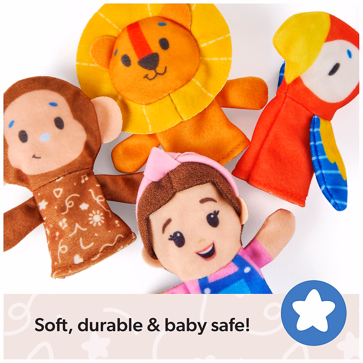 Ms. Rachel Finger Puppets Zoo Friends 4-Pack, Lion, Monkey & Parrot, Educational Toys & Animal Puppets, Toddler Toys for Girls & Boys Ages 6 Months-2+