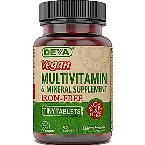 DEVA Tiny Tablets Vegan Multivitamins for Women & Men, Multivitamin Iron Free, Mineral Supplement, Vitamin C, Vitamin B Complex, Vitamin B12, Vitamin E, Zinc, Gluten free, 90 Tablets