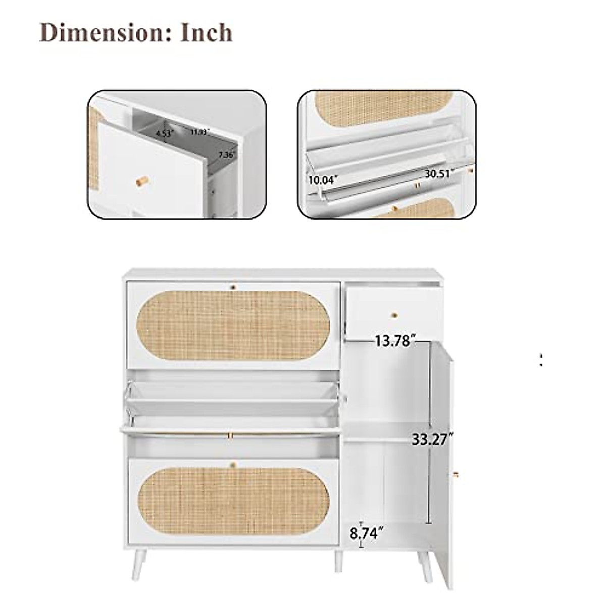 Mcltopz Rattan Shoe Cabinet with 3 Flip Drawers&1 Small Drawer&1 Door, Modern Free-Standing Shoe Rack Narrow Shoe Storage Cabinet Wooden Shoe Rack Storage Cabinet for Entryway Hallway Doorway (White)