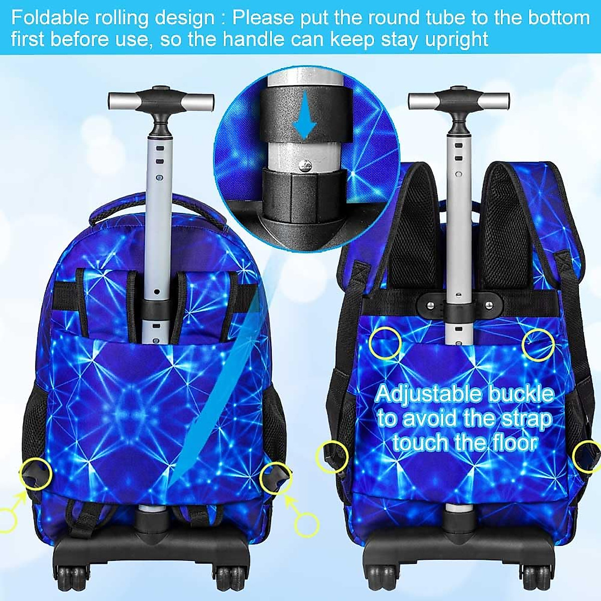 FTJCF 3PCS Rolling Backpack, 19 Inche Roller Bag with Wheels for Adults, Aurora Wheeled Bookbag Set for Men Boys(Blue)
