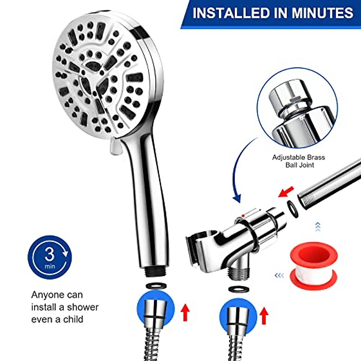 ZDP High Pressure Handheld Shower Head，10 Mode High Flow Hand Held Showerhead Set，5.04IN Showerhead 59IN Stainless Steel Hose Adjustable Brass Ball Bracket Built-in Power Wash To Clean Tub Tiles Pets