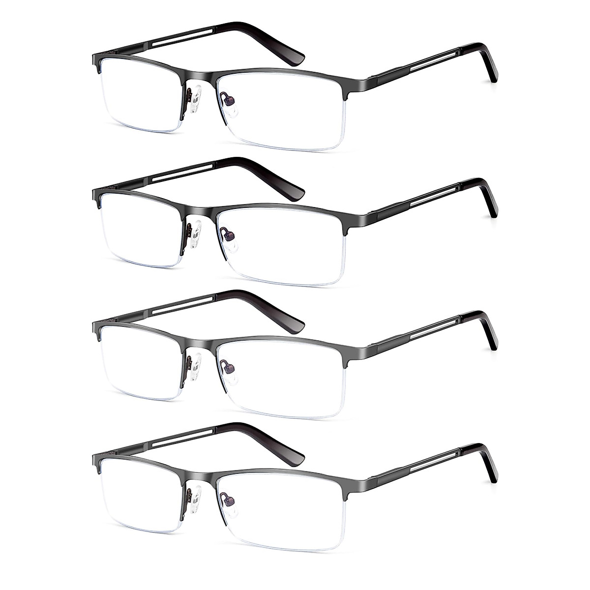 HIGHLIKE 4-Pack Blue Light Reading Glasses for Men, Metal Half Frame Readers Spring Hinge Clear Lens Eyeglasses with Pouches, Semi Rimless 2 Black 2 Gunmetal 2.0 x