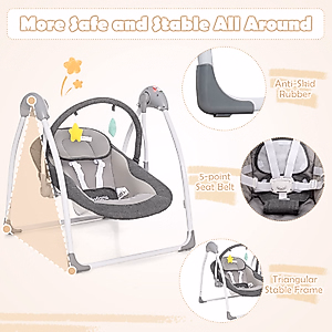 INFANS Baby Swing for Infants, Compact Portable Baby Electric Rocker for Newborn with 5 Speed Natural Sway Music Timing 2 Toys Remote Control, Easy Fold, 0-6 Months Boy Girl