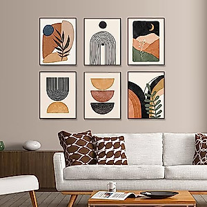 6pcs Frameless Abstract Geometric Canvas Painting Boho Mid-Century Modern Wall Art Minimalist Wall Art Black Beige Neutral Abstract Geometric Print Room Poster Suitable For Living Room Bathroom