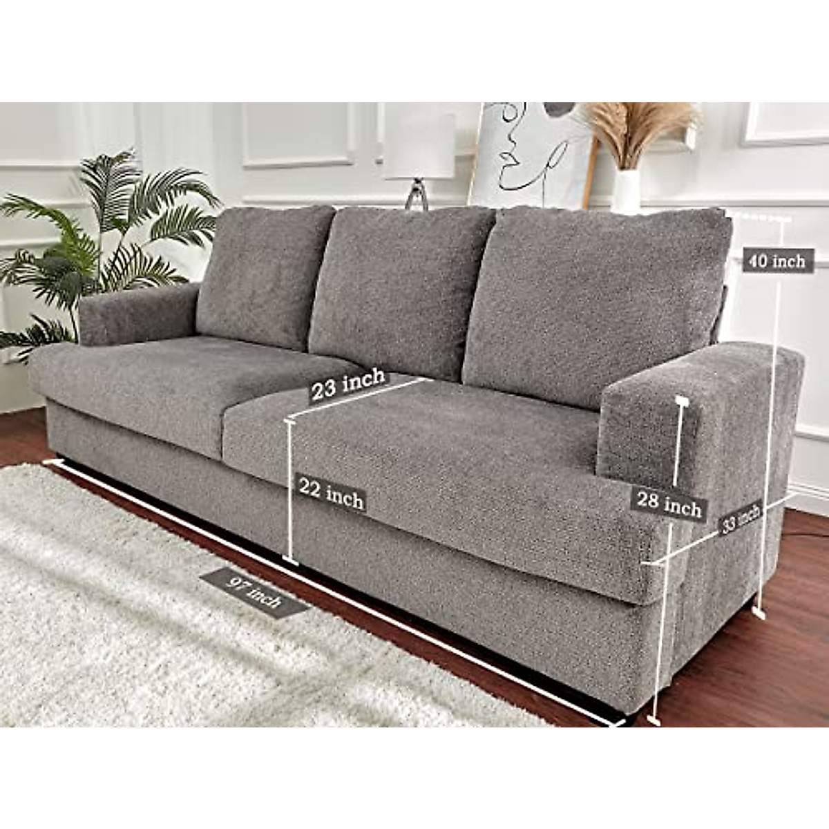 WEPATIO Sofa, Deep Seat Sofa-Contemporary Chenille Sofa Couch, 3 Seater Sofa for Living Room-Oversized Sofa, Grey Comfy Sofa