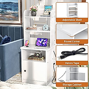 White Nightstand with Charging Station and USB Ports, 47" Tall Bedside Table with Adjustable Bookshelf, Industrial End Table Side Table with Storage Cabinet for Home Office, White