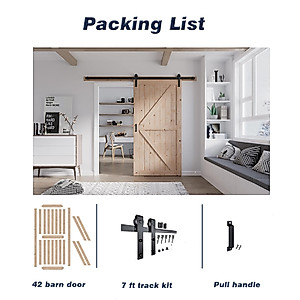 FREDBECK 42in x 84in Wood Barn Door with 7FT Barn Door Hardware Kit Included K Shape Solid Spruce Wood Panel Need to Assembly