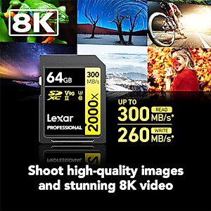 Lexar Professional 2000x 64GB SDXC UHS-II Memory Card, 300MB/s Read, 260MB/s Write, 2-Pack