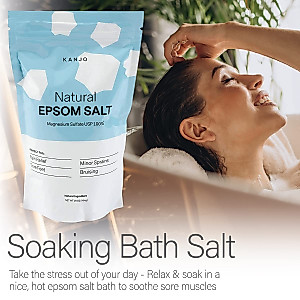 FSA HSA Eligible Kanjo Natural Epsom Salt - 100% Pure Magnesium Sulfate USP Bath Salt - Soak for Muscle Pain, Foot Pain, & Joint Pain Relief - Unscented - 16oz Bag