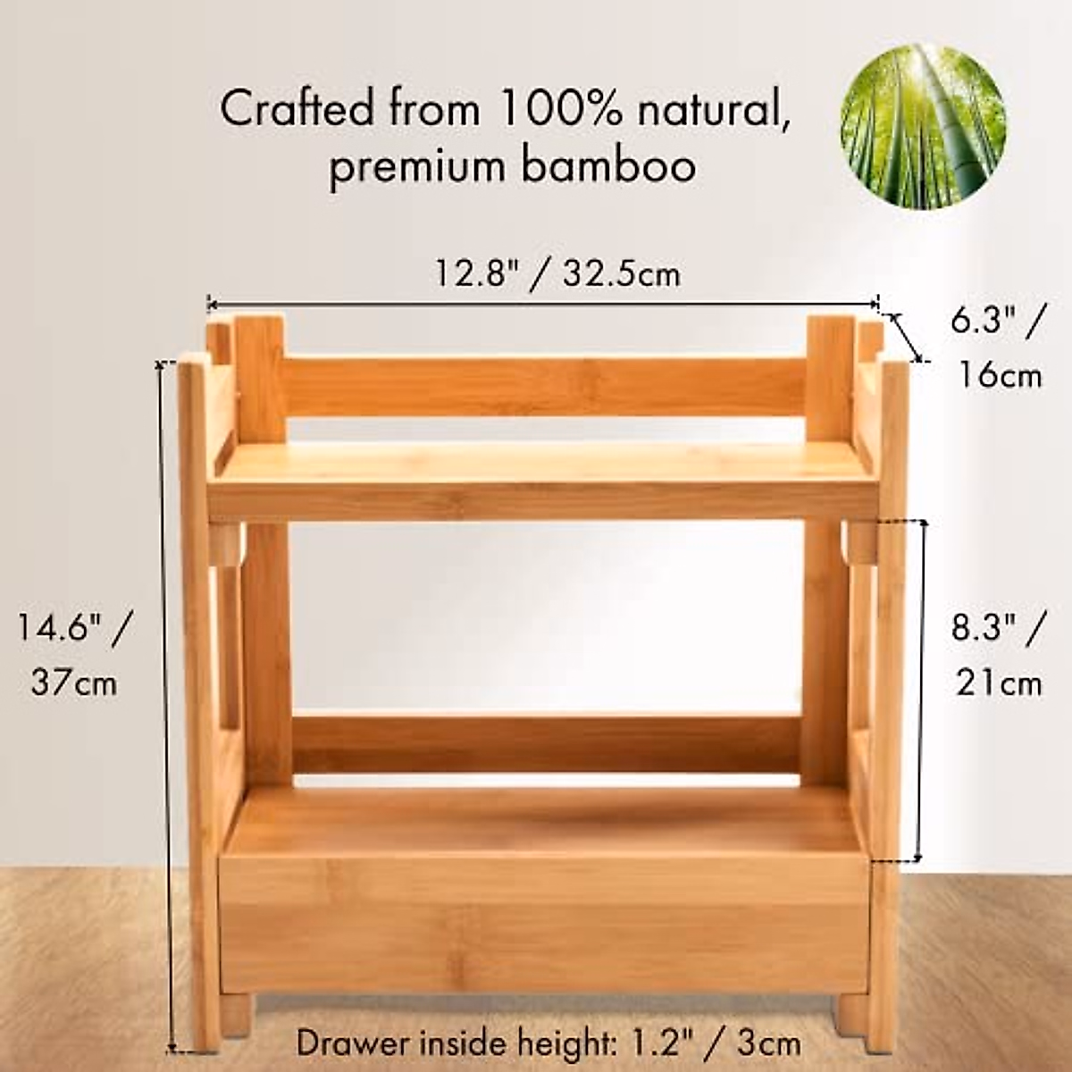GOBAM Bathroom Counter Organizer Shelf Cosmetic and Vanity Perfume Organizer Shelf with Drawer, Easily Assembled Suitable for Mom or Wife, Bamboo