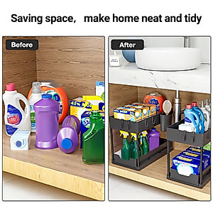 Puricon 2 Pack Under Sink Organizers and Storage Pull Out Sliding Drawer, 2 Tier Multi-purpose Kitchen Under the Sink Organizer Under Bathroom Sink Shelf Storage Rack for Countertop Laundry -Black