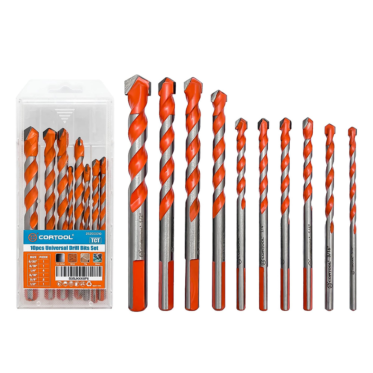 Masonry Drill Bits Set for Tile, Brick, Cement, Concrete, Glass, Plastic, Cinder Block, Wood, Fully Ground with Carbide Tips and Storage Case (CORTOOL Brand 10-Pack)