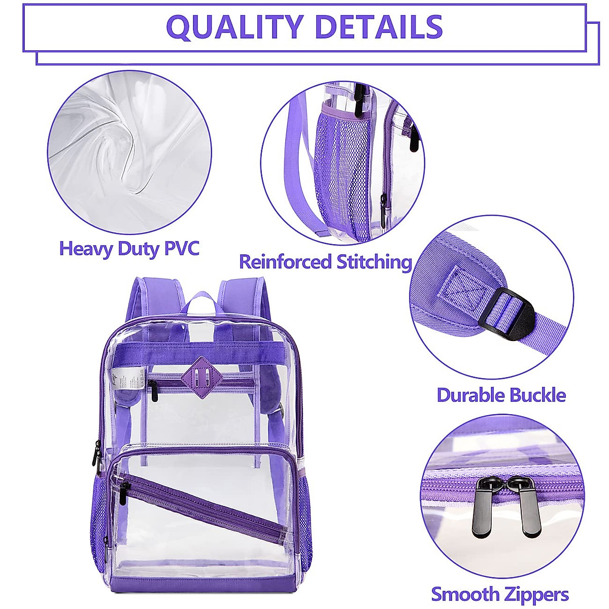 Kasqo Clear Backpack, 15.6 Inch Heavy Duty PVC Transparent Backpack See Through Backpacks for School, College, Sports, Work, Travel, Stadium Approved, White
