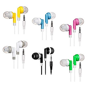 Deal Maniac 50 Pack Multi Color Kid's Wired Earbud Headphones, Disposable Earbuds, Individually Bagged, Perfect for Students in Classroom Libraries Schools, Bulk Wholesale