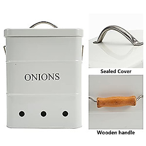 Gdfjiy Onion Storage Bin, Kitchen Storage Canister,Kitchen Pantry Organizer Tin With Airtight Lid & Handles, Vegetable Fresh Keeper with Aerating Tin Storage Holes (White)