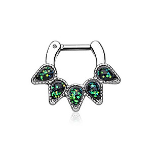 WildKlass Jewelry Septum Clicker 14g 1/4" 6mm Opal Black Quinary Spear Septum Ring