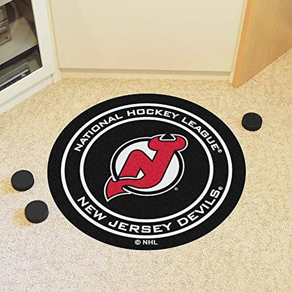 FANMATS 10416 New Jersey Devils Hockey Puck Shaped Rug - 27in. Diameter, Hockey Puck Design, Sports Fan Accent Rug