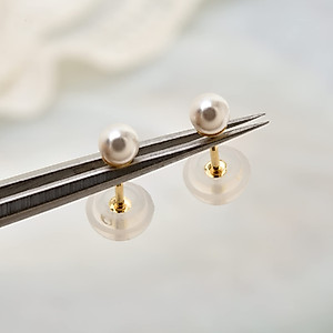 14K Solid Yellow Gold 3mm X-Small Tiny Swarovski Crystal White Pearl Stud Short Post Earrings for Girl Women