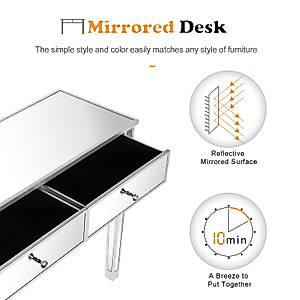 VINGLI Mirrored Vanity Desk with 2 Drawers, Modern Console Table/Sofa Table/Makeup Table (Silver, 41'' x 14'' x 30'')