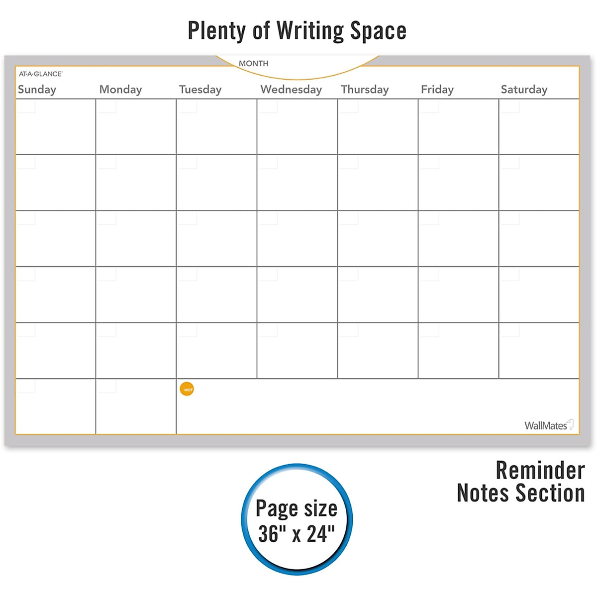 AT-A-GLANCE AW602028 WallMates Self-Adhesive Dry Erase Monthly Planning Surface, 36 x 24 , Gray/White/Orange