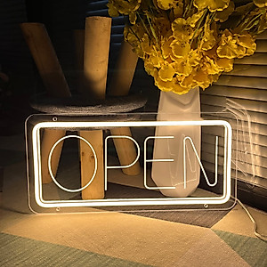 Neon Open Sign for Business, Personalized LED Open Light Up Sign Powered by USB for Bar, Stores, Salon, Coffee Shop Window, Hotel etc Small Business Welcome Neon Sign, Warm White, 15.7x7.5in