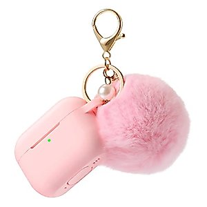 Case Cover for Airpods Pro 2nd Generation Charging Case 2022, Soft Silicone Protective Case with Keychain and Cute Puff Pom Pom Ball Kit Front LED Visible (Light Pink)