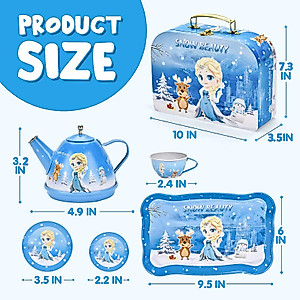 Lajeje 52Pcs Tea Party Set for Little Girls-Frozen Toys for Girls, Elsa Princess Tea Party Set for Little Girls, Kitchen Pretend Toy with Tin Tea Set, Desserts, Birthday Gift for Age 3-6 Year Olds