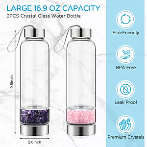 meekoo 2 Pieces Crystal Glass Water Bottle Clear Water Bottle with Gemstone Center Natural Amethyst and Rose Quartz Water Bottle Quartz Crystal Cup Energy Cup for Healing and Wellness (Small Stone)