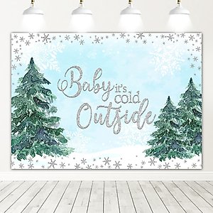 Mocsicka Baby It's Cold Outside Backdrop Winter Blue Silver Snowflakes Boy Baby Shower Background Watercolor Pine Tree Baby Shower Party Decoration Banner Photo Booth Props (7x5ft)