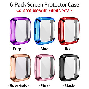 [6-Pack] Screen Protector Case Compatible with Fitbit Versa 2 Smartwatch, All-Around TPU Plated Protective Cover Scratch Resistant Bumper Shell Accessories (6 Colors, Versa 2)