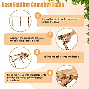 Giantex Folding Picnic Table, Wooden Roll-up Bamboo Tabletop, Portable Camping Table w/Carry Bag, Indoor Outdoor Table for Patio Garden Beach Yard, Easy Assembly (Natural)