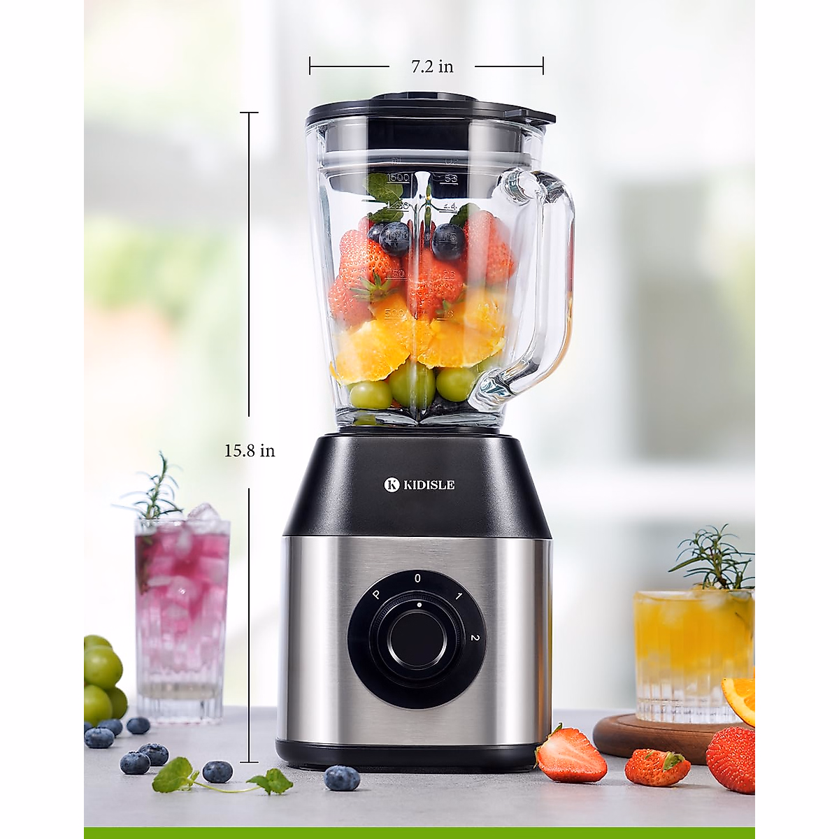 KIDISLE 1200W Powerful Professional Crusher Blender 2.0, 52oz Glass Jar Countertop Blender and Smoothie Blender, Shakes and Smoothies, Ice Crush, Frozen Fruit, Stainless Steel