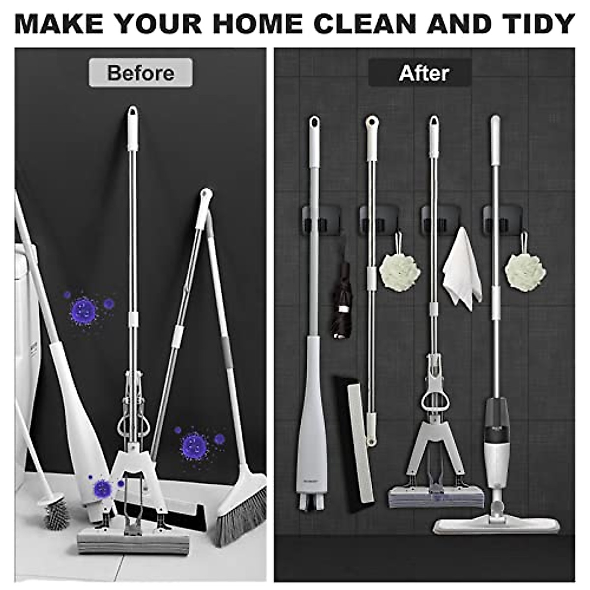 Drek Crek Mop Broom Holder Wall Mounted Heavy Duty No Drill, Adhesive Mop Broom Organizer, 304 Stainless Steel Mop Hanger Wall Mount Stick on w Hooks for Bathroom,Kitchen,Closet,Garage,Garden, 4PCS