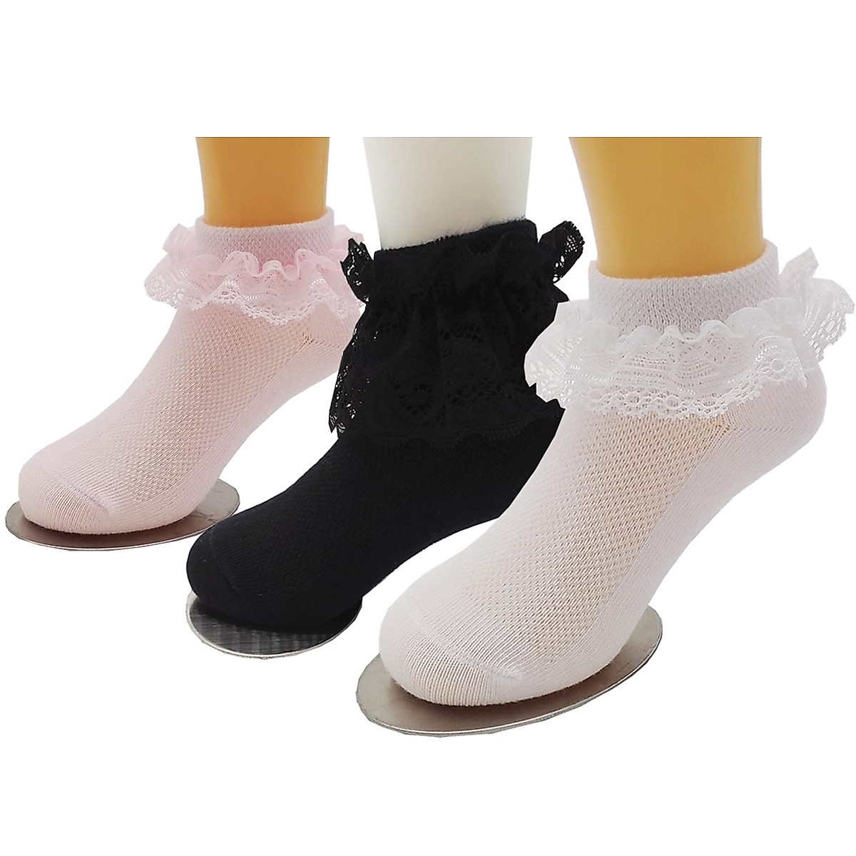 Xiyadun Girls Ruffle Lace Eyelet Frilly Ankle Dress Socks for Infant/Toddler/Girl(Black,White,Pink,5-7 Years)