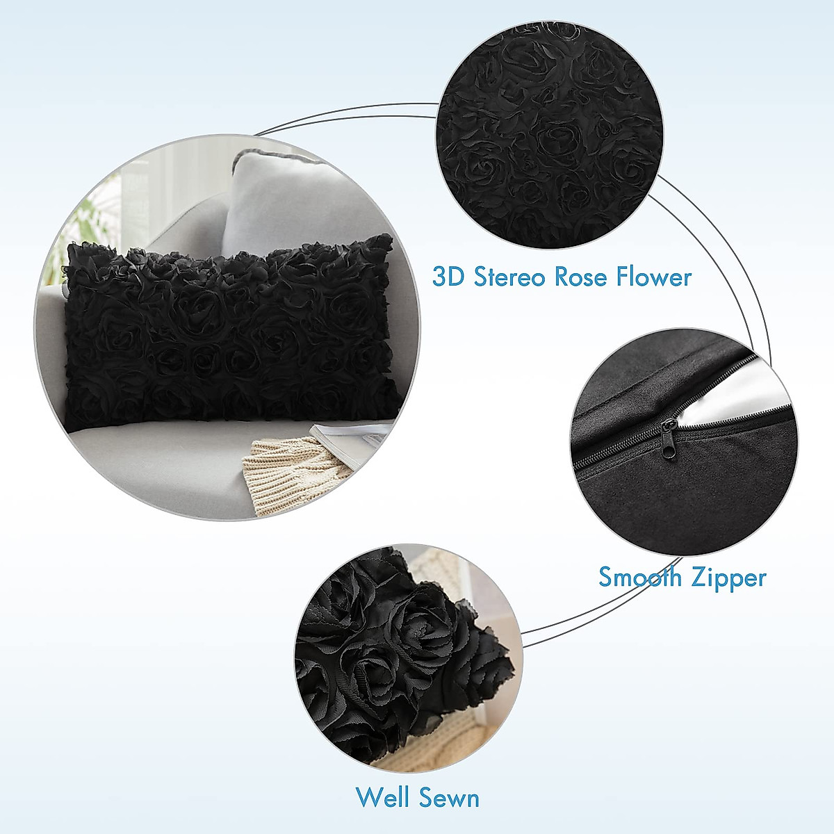 MIULEE 3D Decorative Romantic Valentines Stereo Chiffon Rose Flower Throw Pillow Cover Solid Pillowcase for Girl Women Wedding Sofa Bedroom Car Decor 12x20 Inch 30x50cm Black