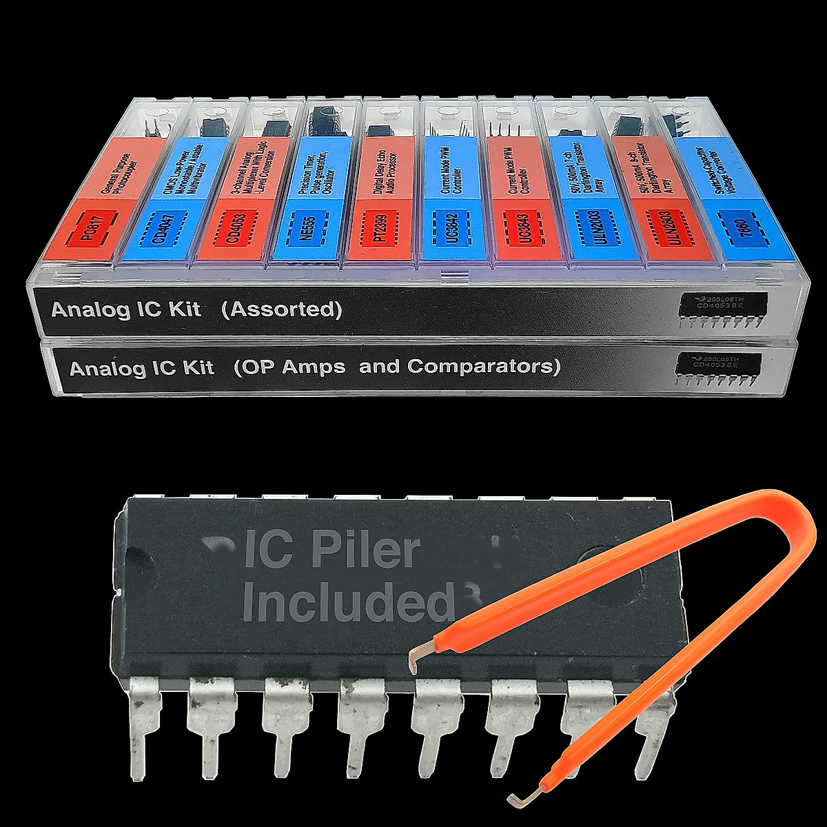 EEEEE IC kit 161 pcs, 20 Models Chip Assortment Set Analog Integrated Circuits Electronics Parts Opamp Pack, 555 Timer Components, Op Amp, Oscillator, Pwm, IC Plier Included UA741 LM358 and More..