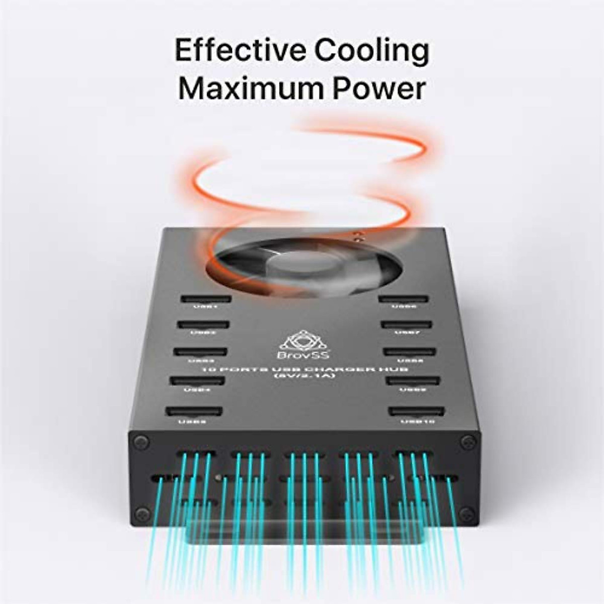 BrovSS: 10 Port USB 3.0 Hub - USB Hub Charger - Powered USB Hub - USB Charging Splitter - Multiple USB Port Hub - Charging Hub with 5V 10A 120W Power Adapter, Cooling Fan, Mounting Brackets (Black)
