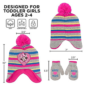 Disney Girls Toddler Winter 2-4 Or Minnie Mouse Hat and Kids Gloves Ages 4-7, Pink/Grey-Mittens Set, 2-4T