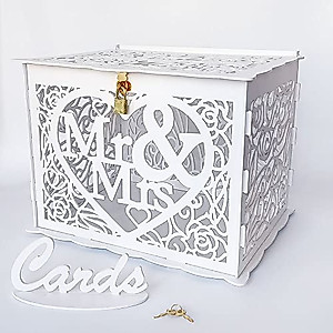 Jolik Wedding Money Box Holder with Sign, Large Rustic Wood Wooden DIY Envelop Gift Card Shadow Boxes with Lock Slot for Reception Anniversary Graduation Birthday Party Parties (Mr & Mrs, White)