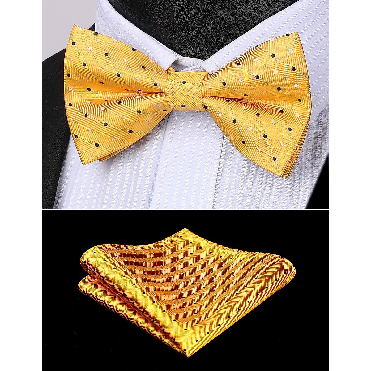 HISDERN Bow Tie for Men Yellow Bowties Polka Dot Pre-Tied Bowtie and Pocket Square Bow Ties Set Formal Tuxedo Handkerchief Bowties for Wedding Party