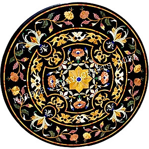 Pietra Dura Black Marble Round 30" x 30" Coffee Table Top, Black Marble Round Centre Table Top, Black Marble Round Dining Table Top, Piece Of Conversation, Family HeirLoom