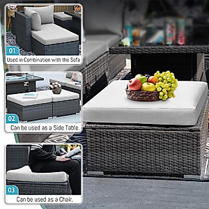 RADIATA PE Wicker Patio Furniture Set Sectional High Back Large Size Sofa Sets with Propane Fire Pit Table 55000 BTU Balcony Rattan Lounge Conversation Sets for Outdoor (7 Pieces,Light Gray)