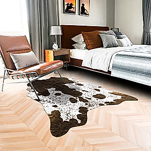 Rostyle Faux Cowhide Rug 5.2 x 4.6 Feet, Cute Cow Hide Rug for Living Room Bedroom Western Home Decor Faux Fur Cow Print Rugs White and Brown